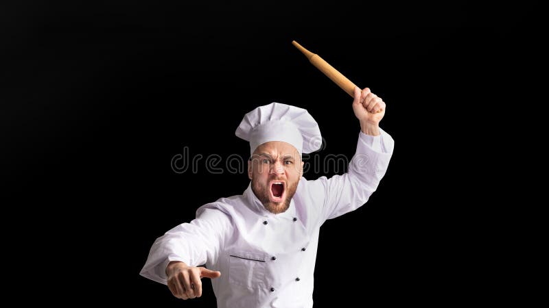 Angry Chef Bakerman Raising Rolling Pin Threateningly, Studio Shot ...