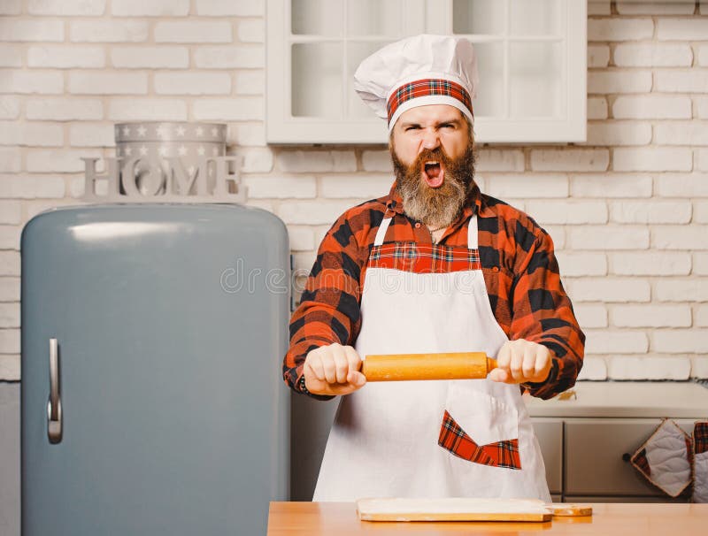Angry Chef Bakers Man Raising Rolling Pin Threateningly in White ...
