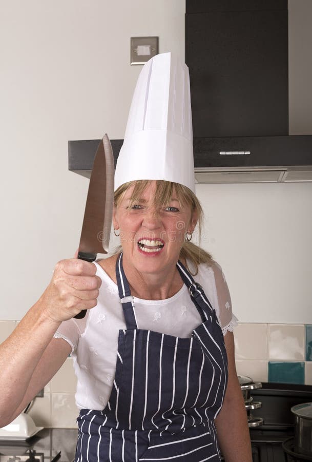 Angry Chef Holding a Large Knife Stock Photo - Image of apron, crazy ...