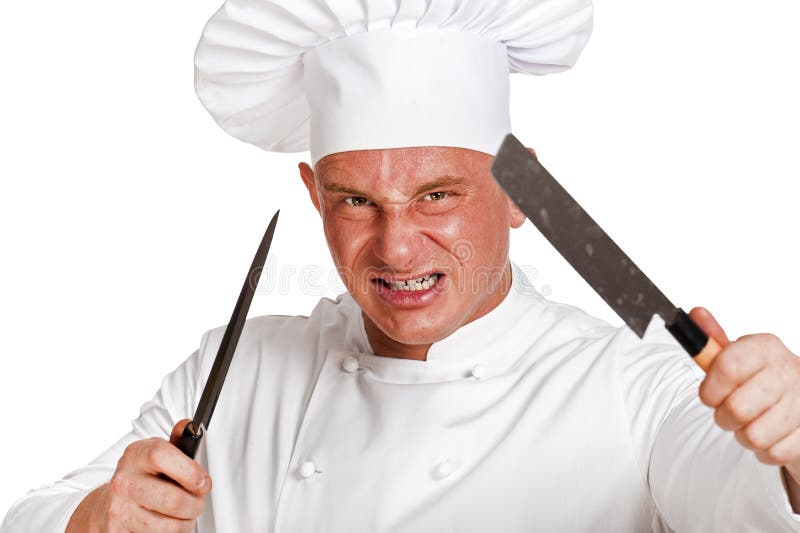 Angry Chef with Knife Over White Stock Image - Image of male, annoyed ...