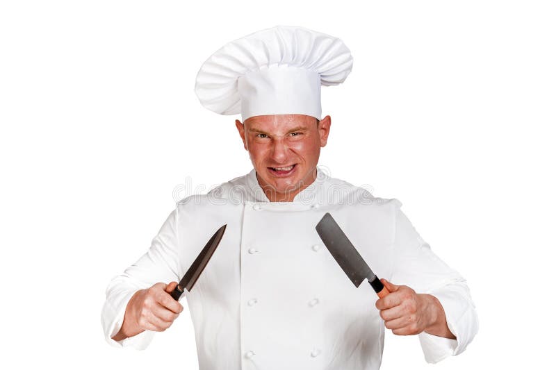 Angry Chef with Knife Over White Stock Image - Image of male, annoyed ...