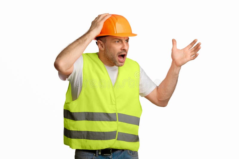 Angry Construction Foreman Worker Shouting Touching Hardhat Standing ...