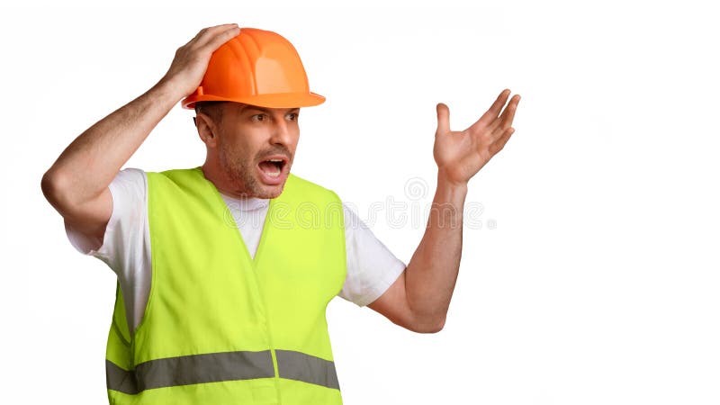 Angry Construction Worker Shouting Looking Aside Over White Background ...