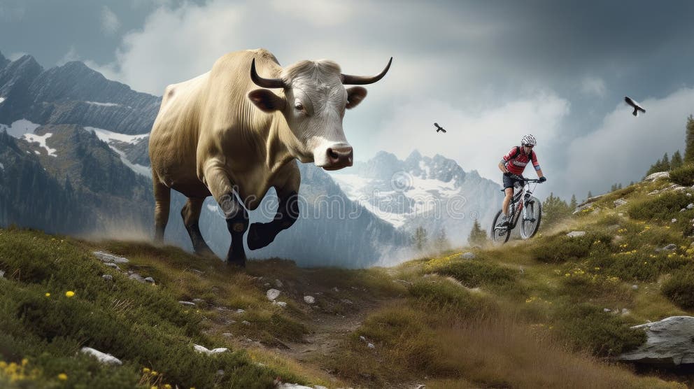 Angry Cow Chasing Mountain Biker. Generative AI Stock Illustration ...
