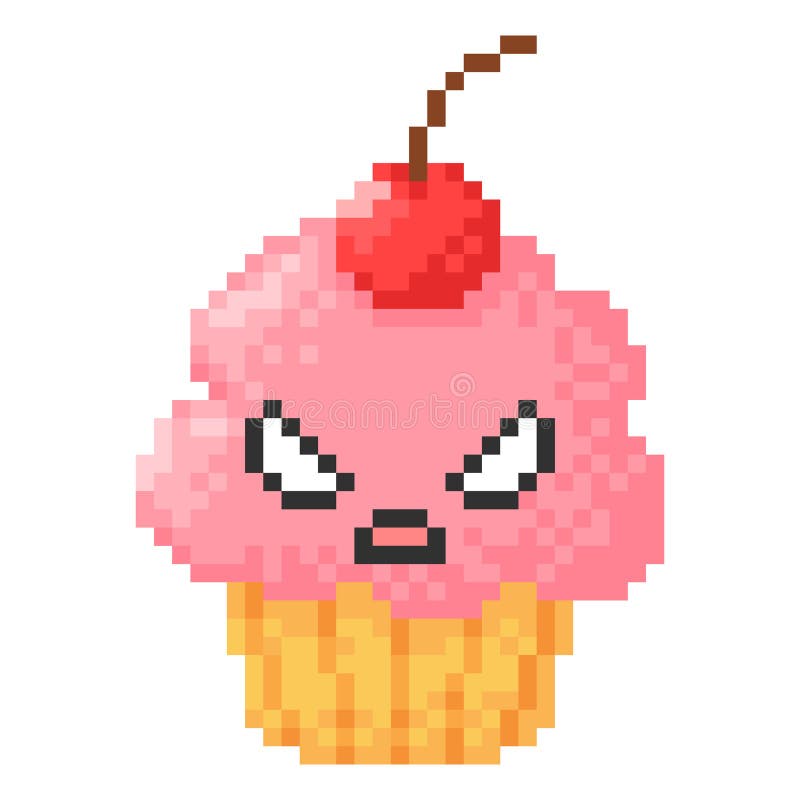 Angry Cupcake with Cherry Berry, Evil Face Kawaii Emoji Emoticon Pixel ...