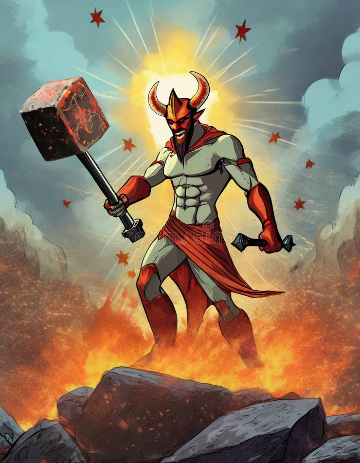 An Angry Devil Holding a Big Hammer Stock Illustration - Illustration ...