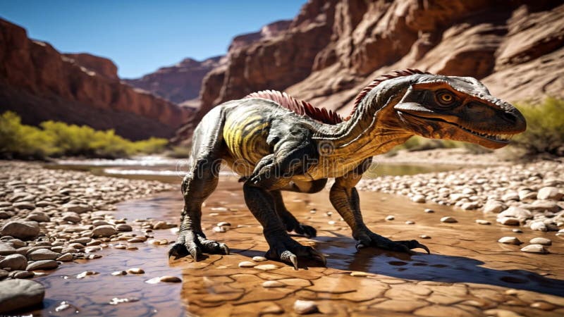 Angry dinosaur in desert stock footage. Video of jurassic - 370709342