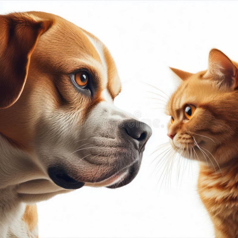 Angry Dog and Cat Straight Looking Each Other Side View on White ...