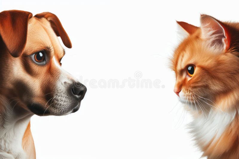 Angry Dog and Cat Straight Looking Each Other Side View Isolated on ...