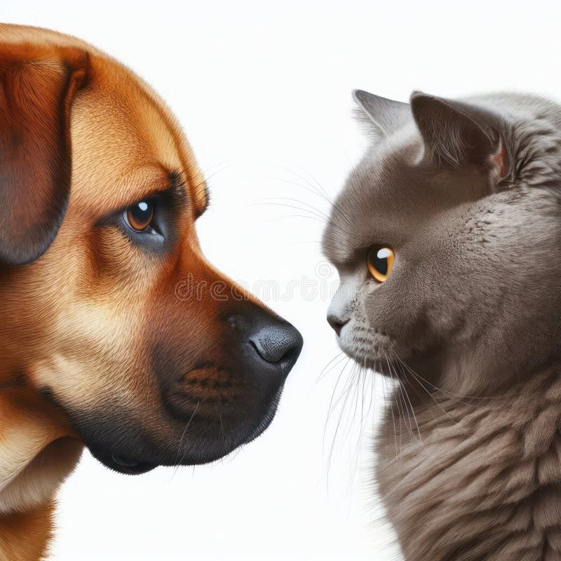 Angry Dog and Cat Straight Looking Each Other Side View on White ...