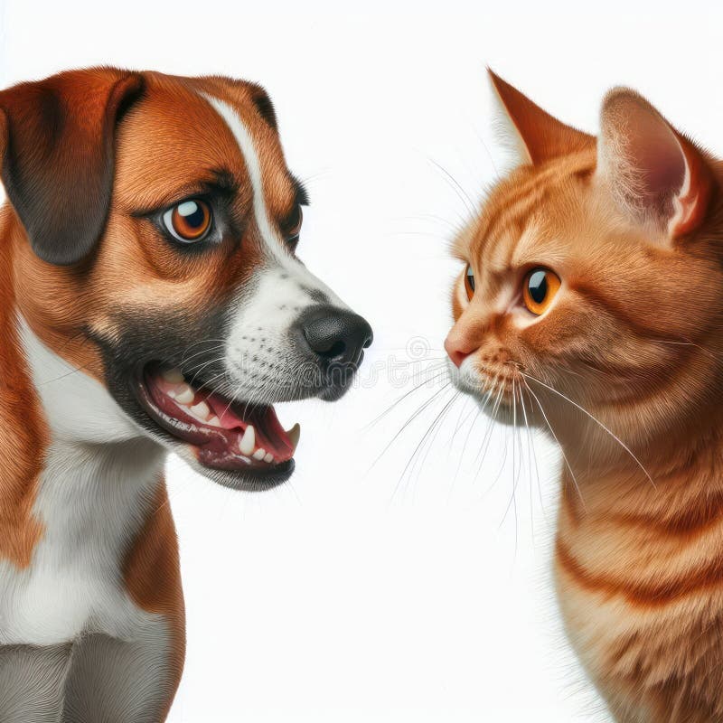 Angry Dog and Cat Straight Looking Each Other Side View on White ...