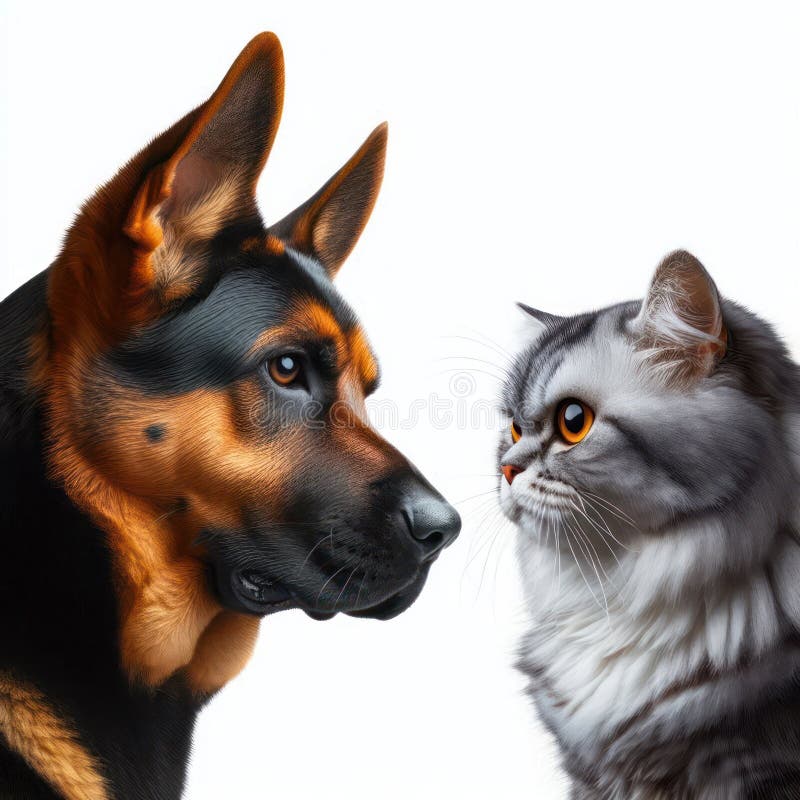Angry Dog and Cat Straight Looking Each Other Side View on White ...