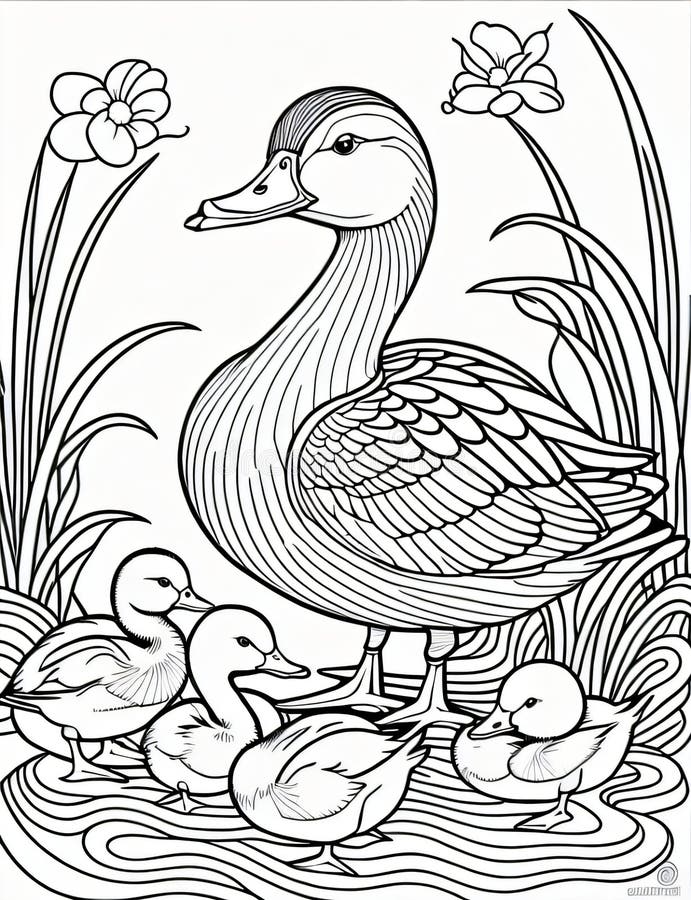 Angry Duck with Ducklings Coloring Pages for Kids Relaxation Stock ...