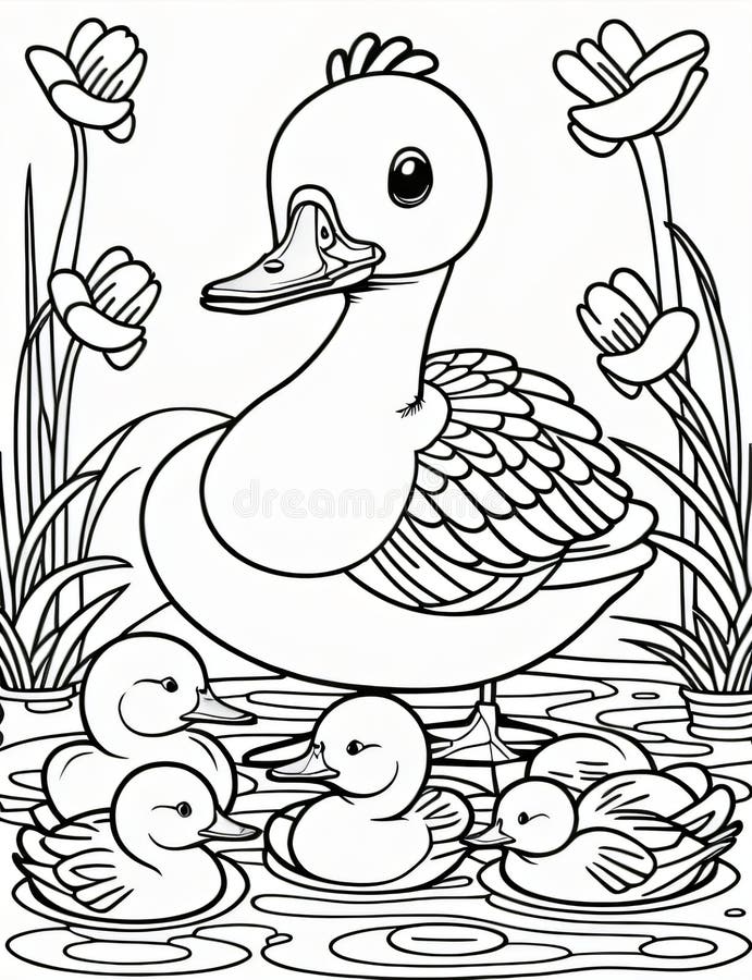 Angry Duck with Ducklings Coloring Pages for Kids Relaxation Stock ...