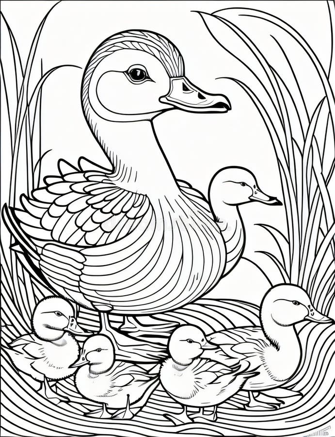 Angry Duck with Ducklings Coloring Pages for Kids Relaxation Stock ...