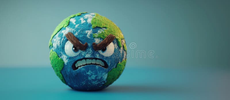 Angry Earth Globe with Expressive Face and Furrowed Brows Representing ...