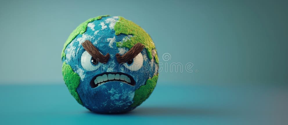 Angry Earth Globe with Expressive Face and Furrowed Brows Representing ...