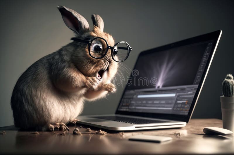 Angry Easter Bunny Editing Video on Laptop. Generative AI. Stock ...