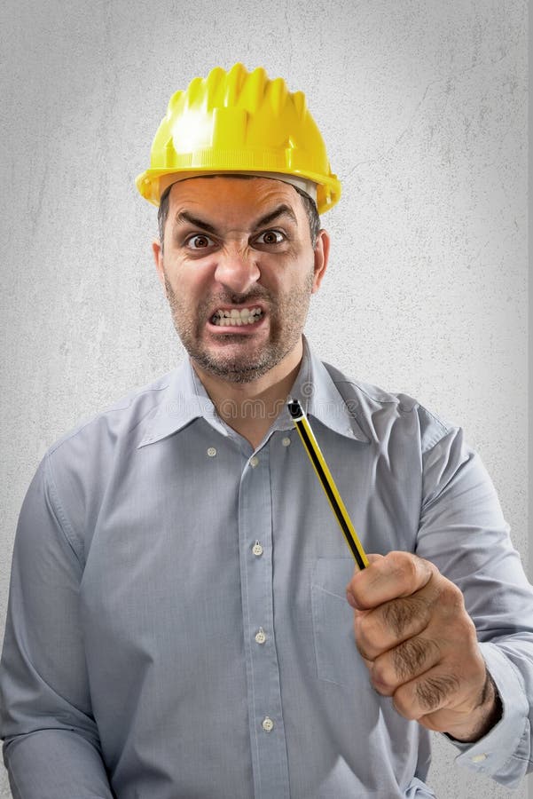 Angry Engineer with a Helmet on His Head Stock Photo - Image of problem ...