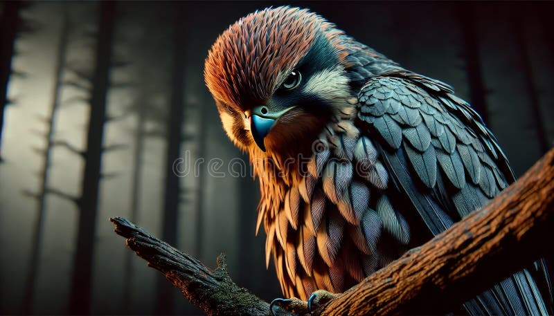 Angry Falcon Perched on a Tree Branch, Looking Down with Dramatic ...