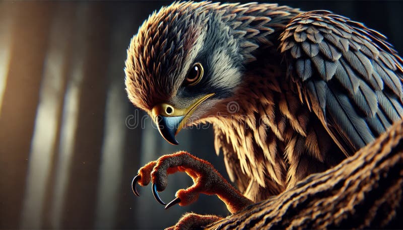 Angry Falcon Perched on a Tree Branch, Looking Down with Dramatic ...