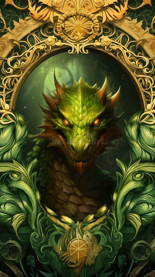 Angry Fantasy Green Dragon Head in Ornamental Frame Stock Illustration ...