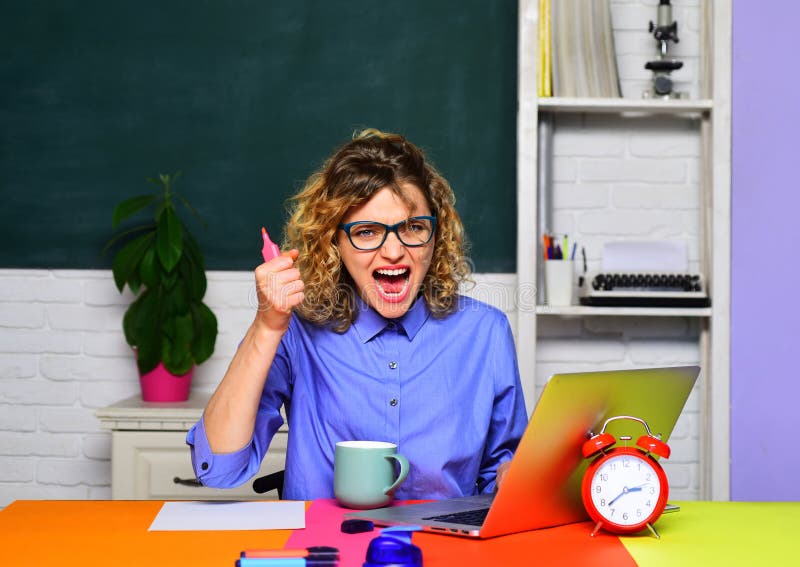 Angry Female University Student Working with Laptop Computer in ...