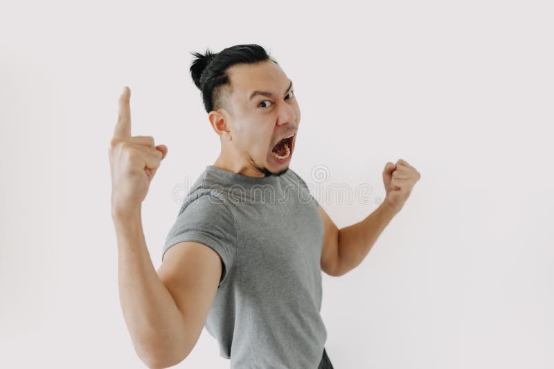 Angry and Furious Shouting Face of Man in Grey T-shirt Isolate on White ...