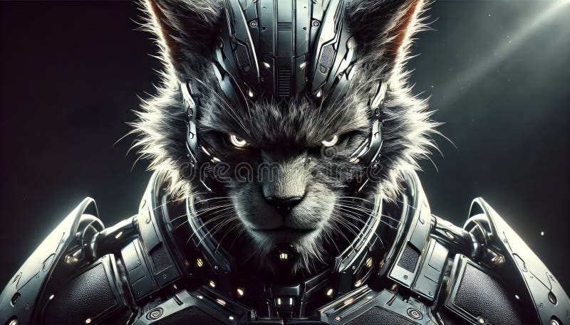 Angry Futuristic Cat in Advanced Protective Gear with Dramatic Lighting ...