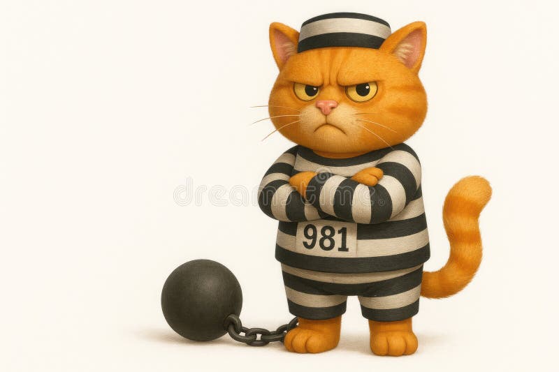 An Angry Ginger Cat in a Prison Uniform and with a Cannonball on a ...