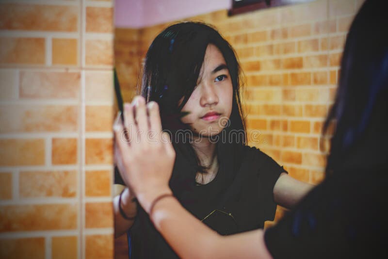 Angry Girl Looking on Mirror Stock Photo - Image of horror, model: 96238008