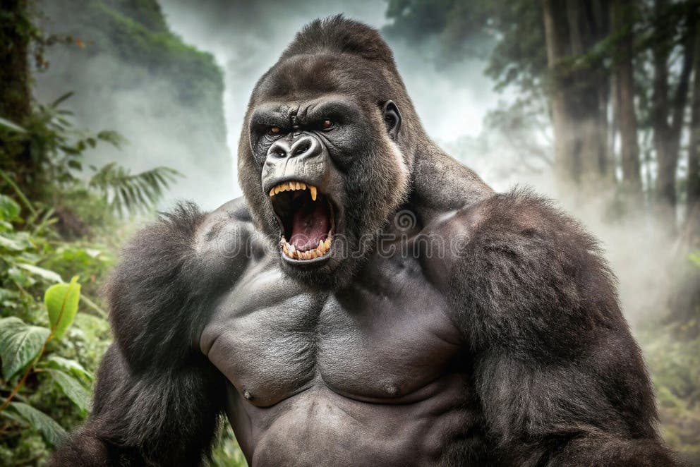 Angry Gorilla Roars in African Jungle Stock Illustration - Illustration of powerful ...