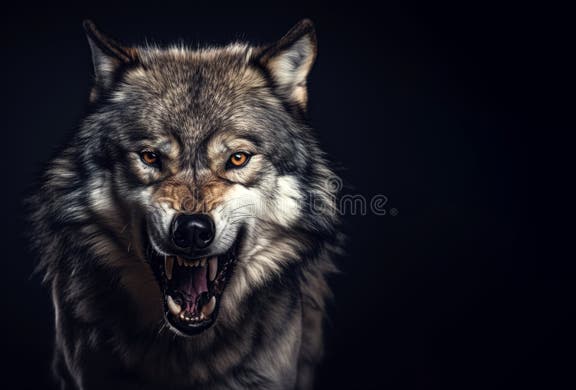 Angry Grey Wolf Portrait on Black with Copy-space Stock Image - Image ...