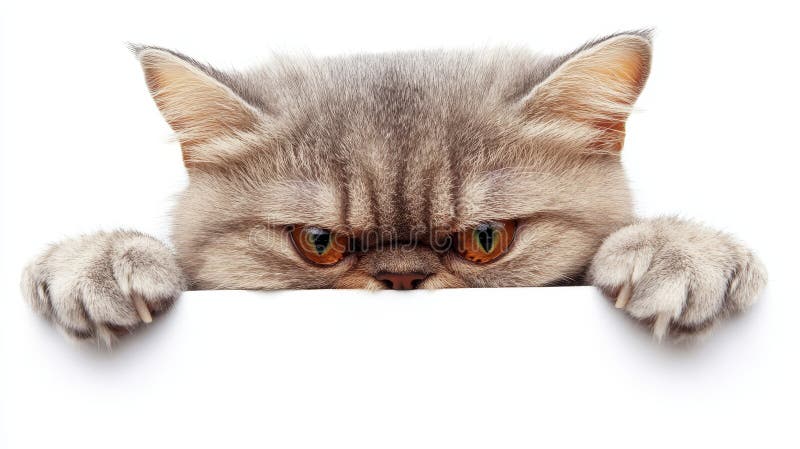 Angry, Grumpy Gray Cat Peeking Over White Sign, Blank Banner Background ...