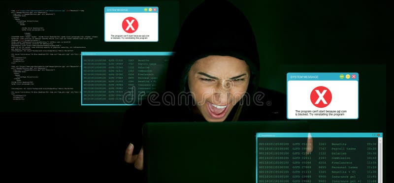 Angry Hacking And Hacker Man For Cyber Security Coding Software Block Server And Error Code