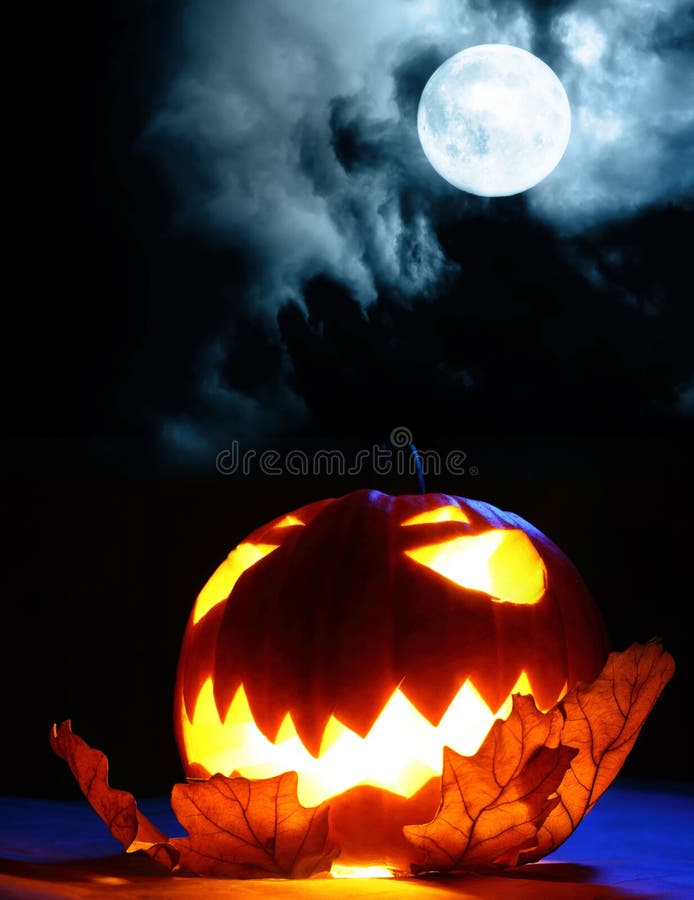Angry Halloween Pumpkin and Full Moon Stock Image - Image of dark ...