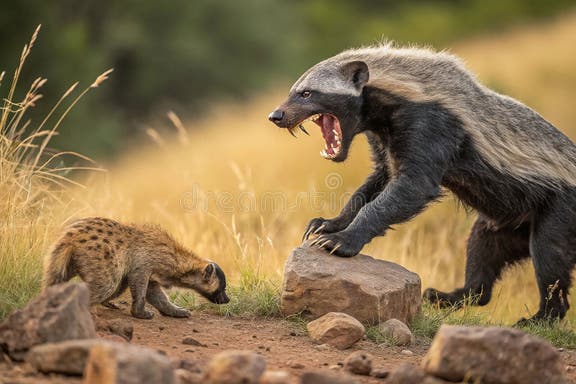 Angry Honey Badger Facing Cub in African Savanna Stock Illustration ...