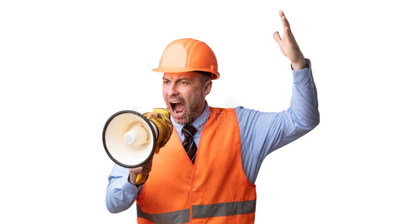 Angry Housebuilder Shouting in Megaphone Standing Over White Background ...