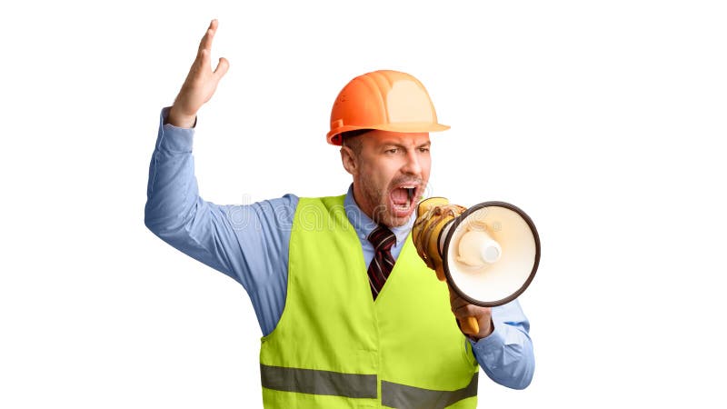 Angry Housebuilder Shouting in Megaphone Standing Over White Background ...