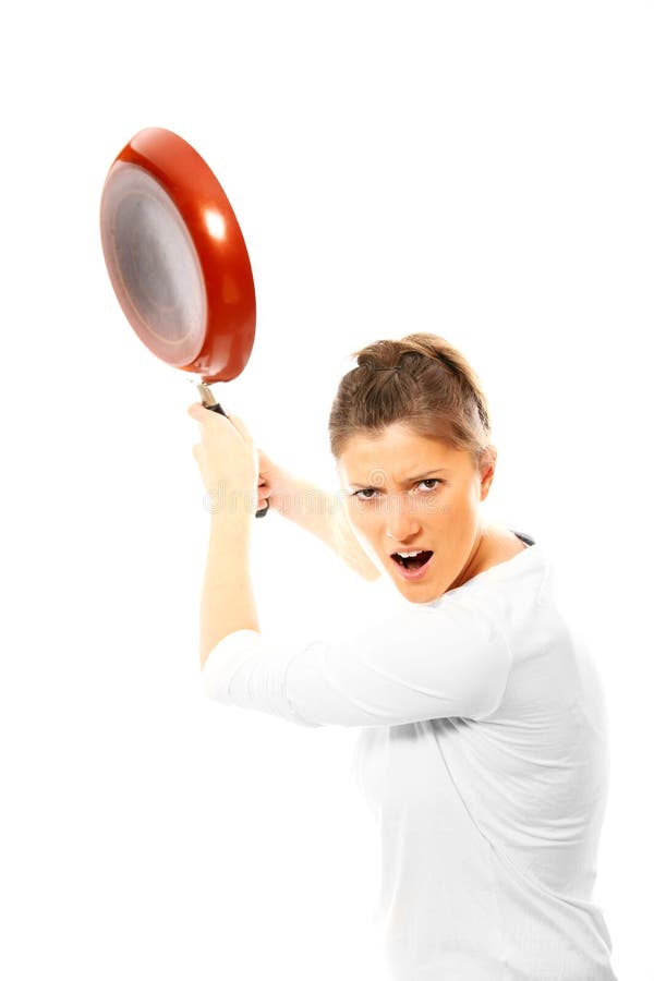 Angry Woman in Hair Rollers, Holding a Frying Pan. Stock Photo - Image ...
