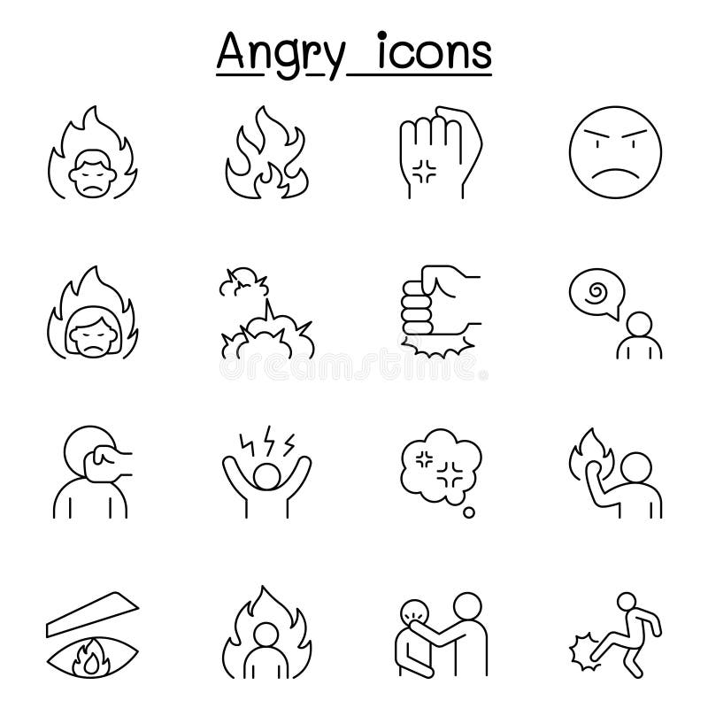 Angry Icon Set in Thin Line Style Stock Vector - Illustration of fist ...