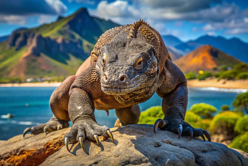 Angry Iguana on Rock Overlooking Beach , Mountains Stock Illustration ...