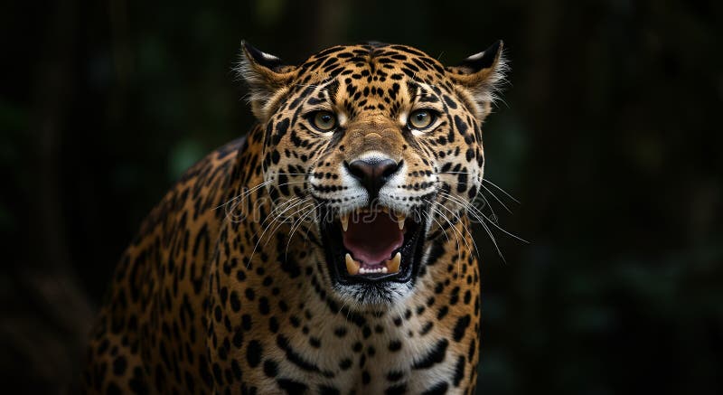 Angry Jaguar Roaring in the Forest, Intense Wildlife Portrait Front ...
