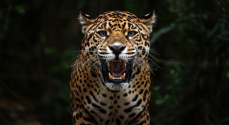 Angry Jaguar Roaring in the Forest, Intense Wildlife Portrait Front ...