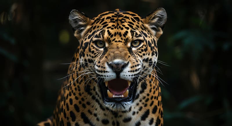 Angry Jaguar Roaring in the Forest, Intense Wildlife Portrait Front ...