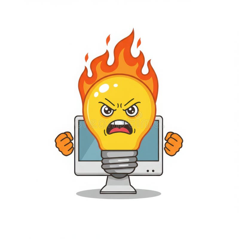 Angry Lightbulb Character on Fire in Computer Screen Isolated on White ...