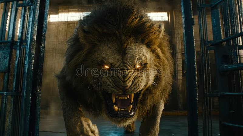 Angry Lion Roaring Fury from the Cage with Glowing Eyes and Sharp Teeth ...