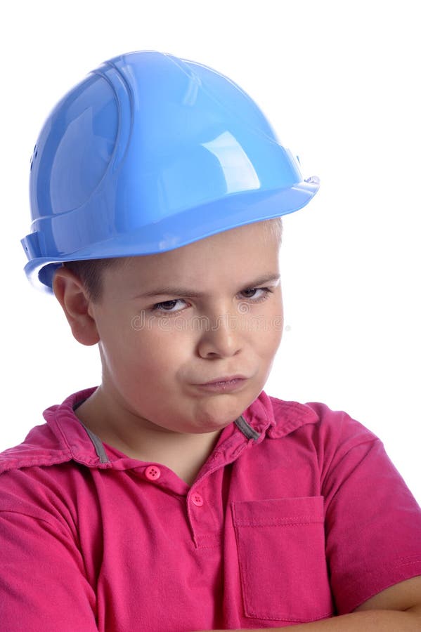 Angry Looking Boywith Blue Protection Helmet Stock Image - Image of ...