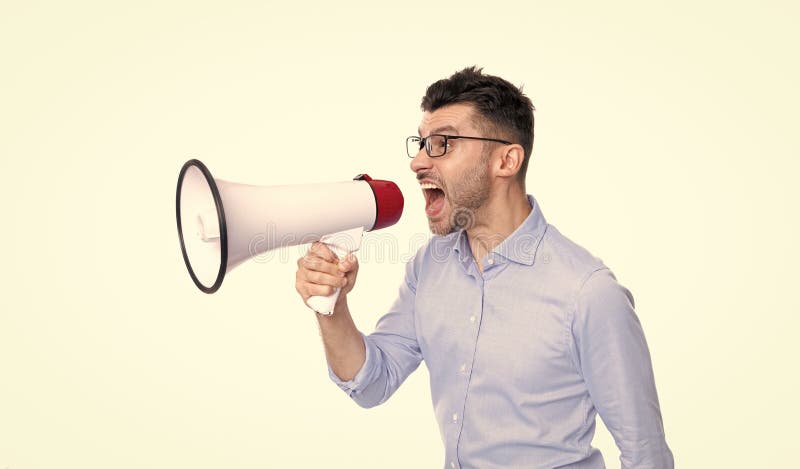 Angry Man Announcing with Megaphone Isolated on White Background. Man ...
