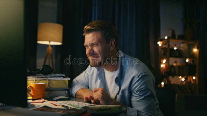 Angry Man Arguing Computer Evening Home Closeup. Guy Screaming Watching ...